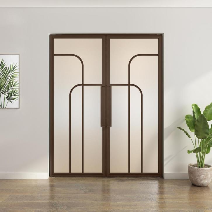 ② Dubbele stalen taatsdeur - Brons - 4 Vlaks rond - Mat glas — Deuren ...