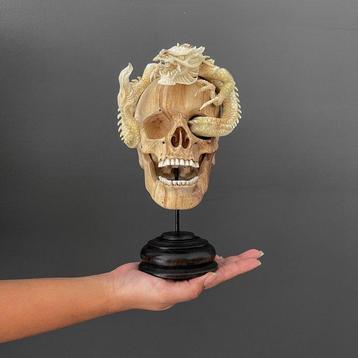 ② Crâne en bois de tamarin avec dragon sculpté à la main - — Art ...